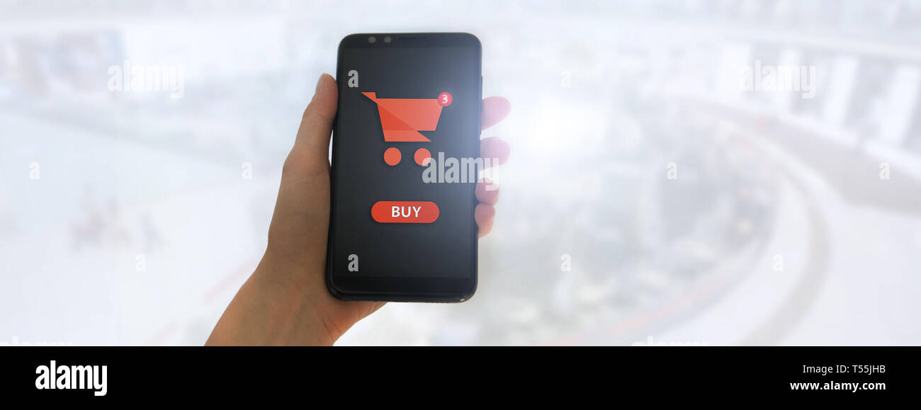 Hand holding mobile smart phone with my shopping carts screen on ...