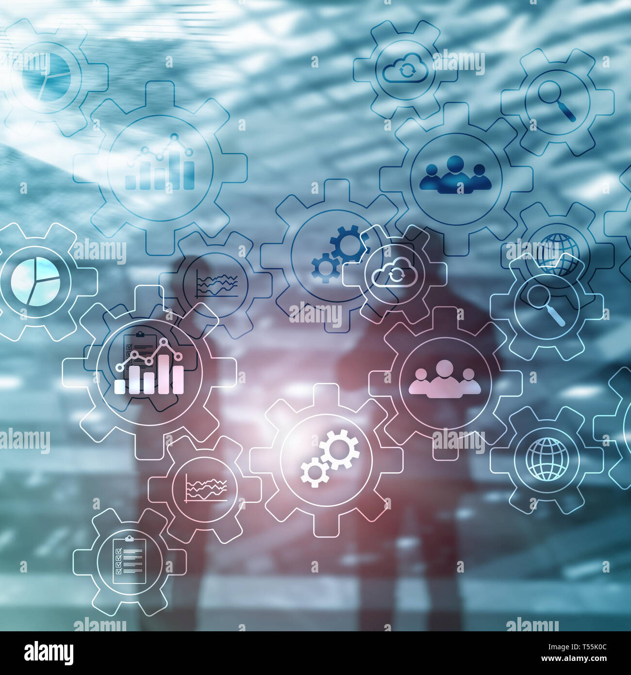 Business process abstract diagram with gears and icons. Workflow and ...