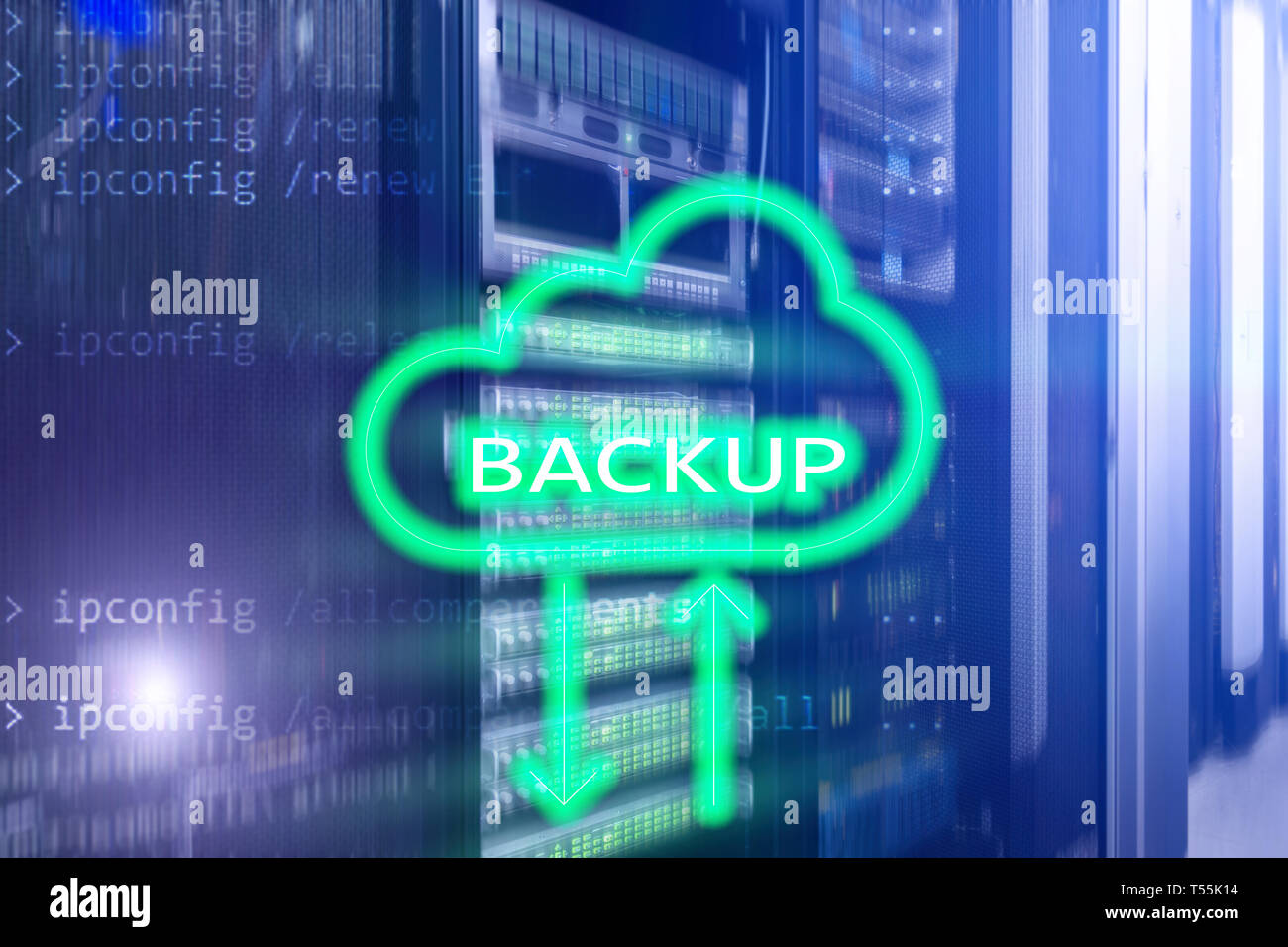 Backup button on modern server room background. Data loss prevention ...