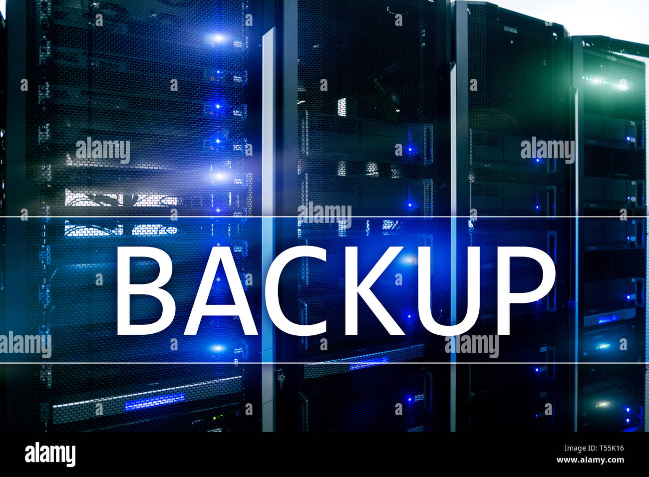 Backup button on modern server room background. Data loss prevention ...