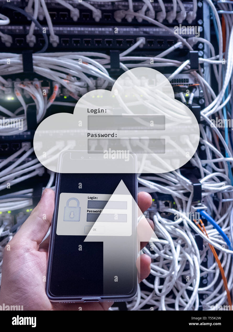 Cloud storage, data access, login and password request window on server ...