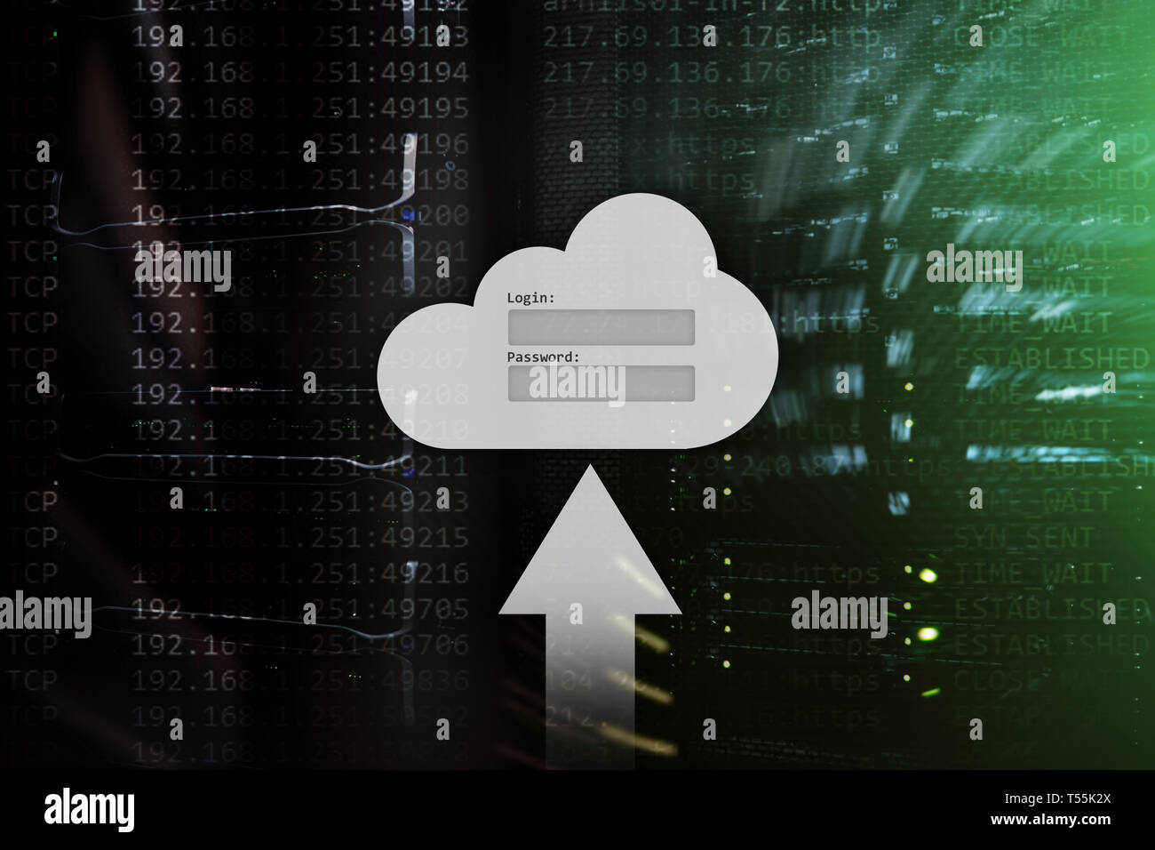 Cloud storage, data access, login and password request window on server ...
