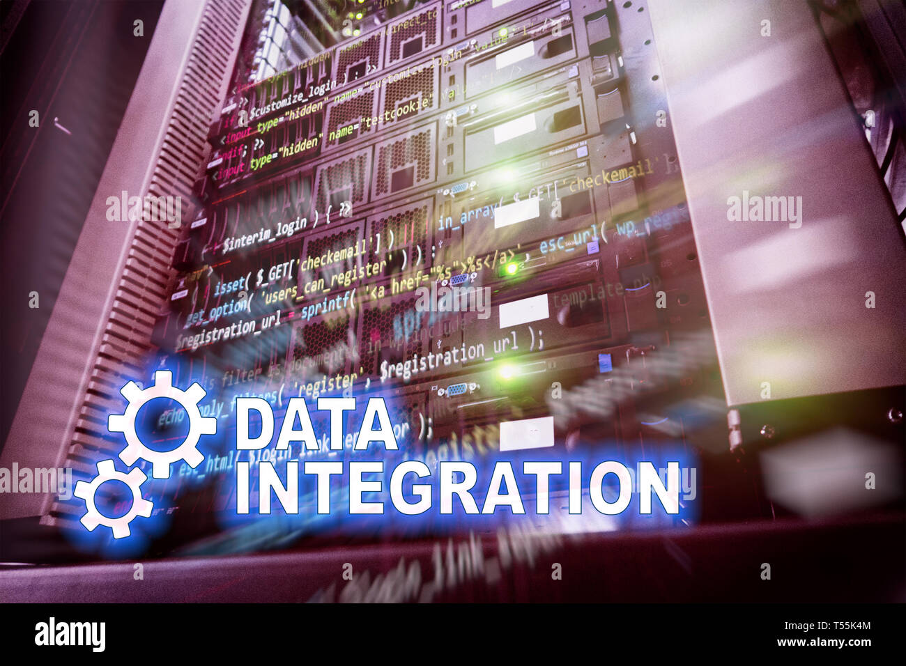 Data integration information technology concept on server room ...