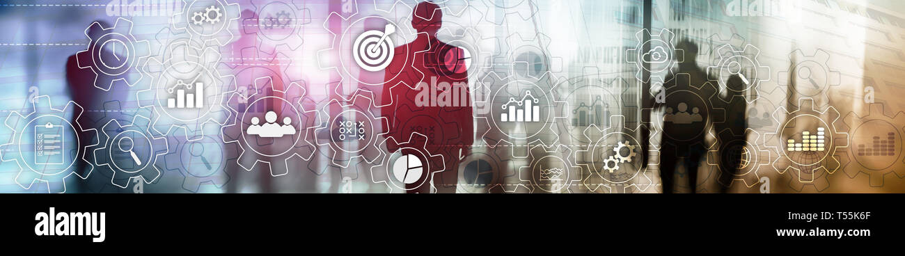 Business process abstract diagram with gears and icons. Workflow and ...