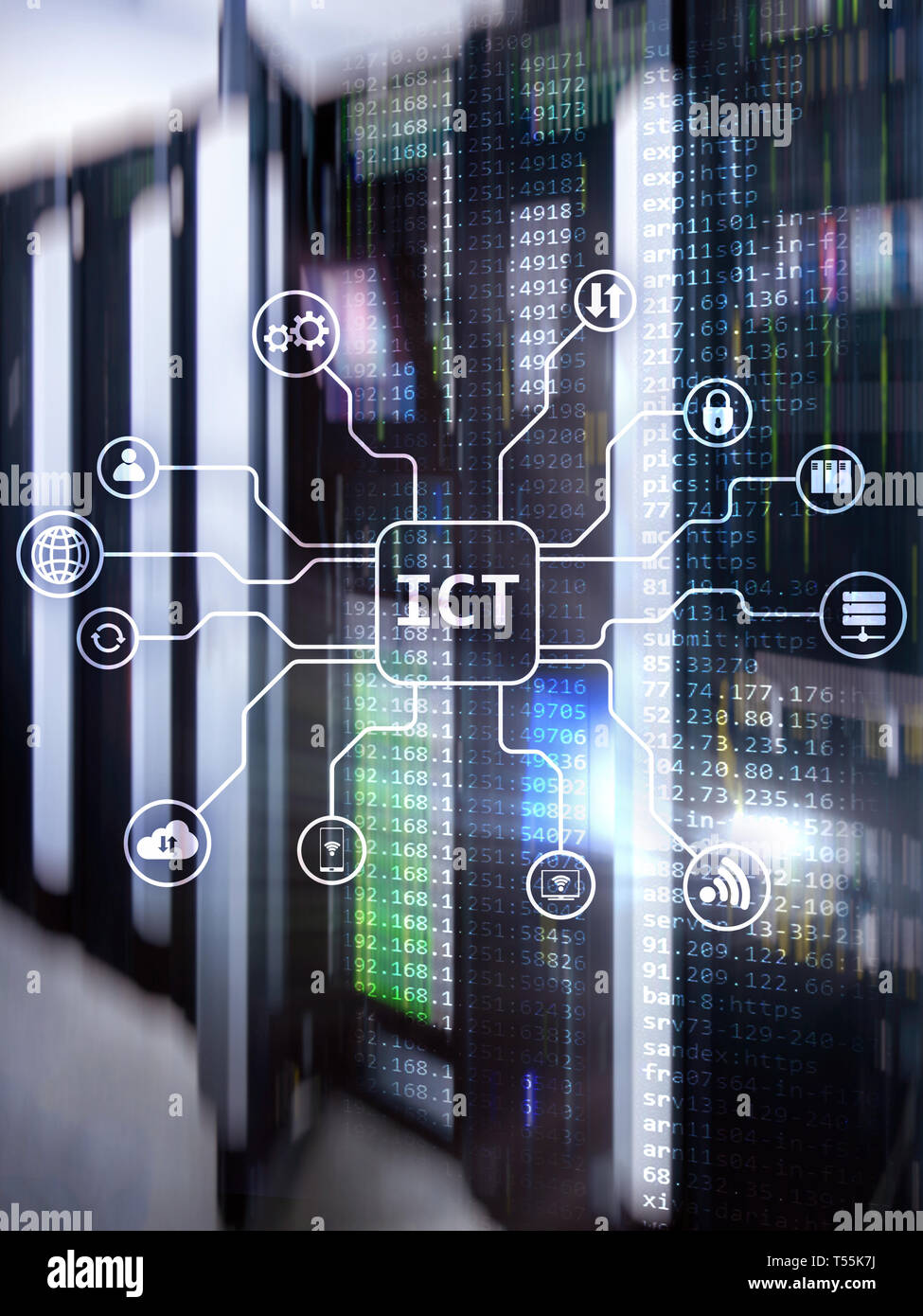 ICT - information and communications technology concept on server room ...