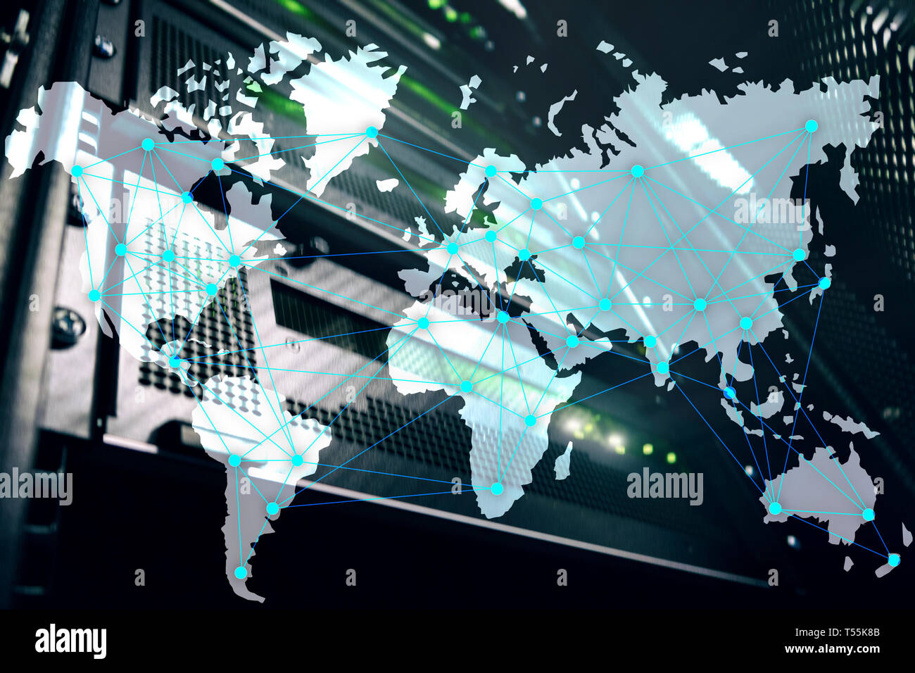Internet and telecommunication concept with world map on server room ...