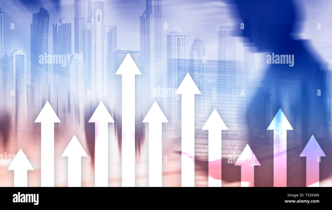Up arrow graph on skyscraper background. Invesment and financial growth ...