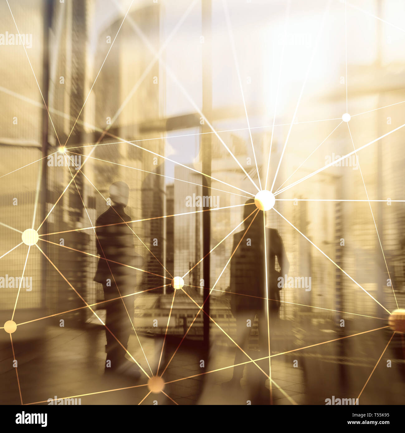 Blockchain network on blurred skyscrapers background. Financial ...