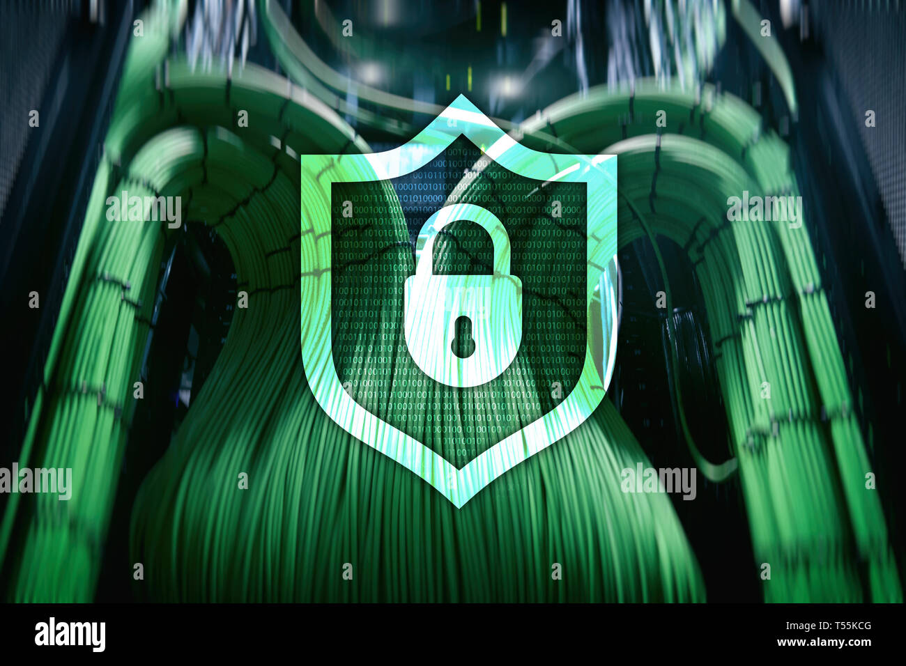 Cyber protection shield icon on server room background. Information ...