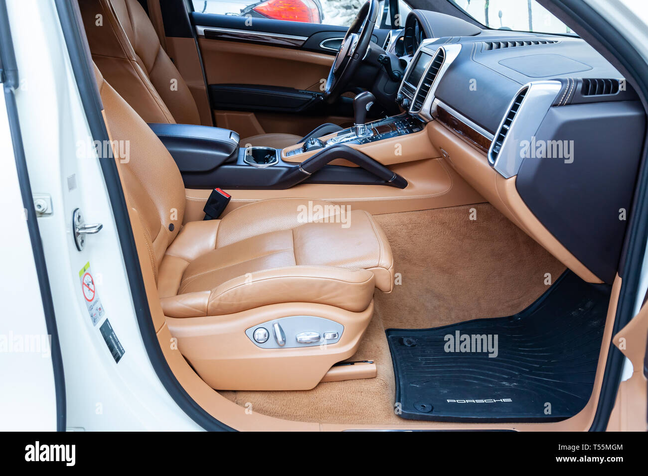 Novosibirsk, Russia - 04.12.2019: The interior of the car Porsche ...