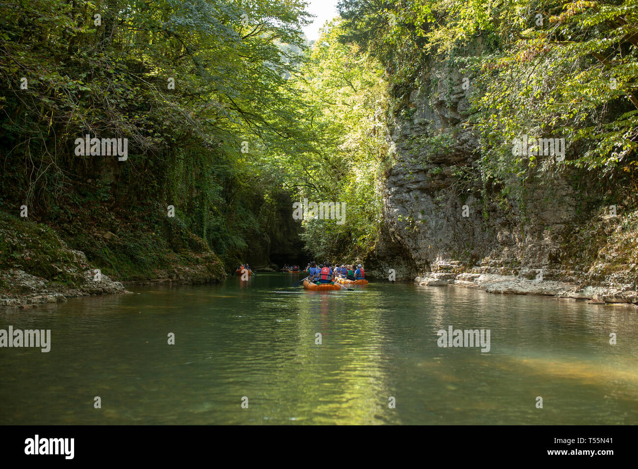 Martvili, Georgia September 2018 People on an excursion between rocks ...