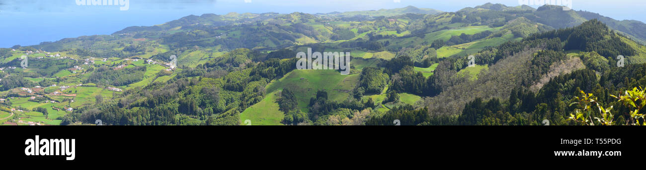 Panoramic views over Santa Maria island from the summit of Pico Alto ...