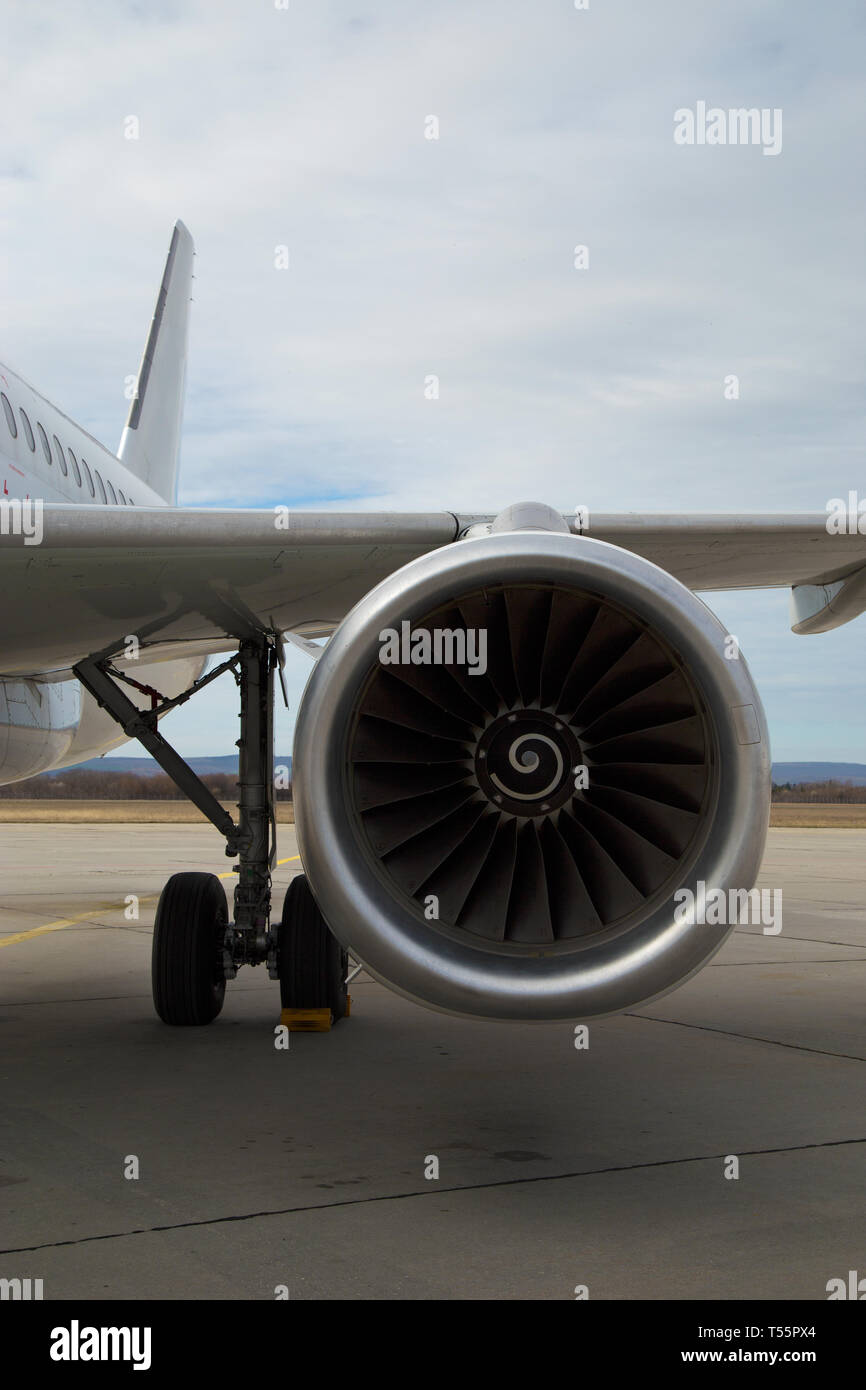 Front view of a big commercial and passenger airplane engine reactor in ...