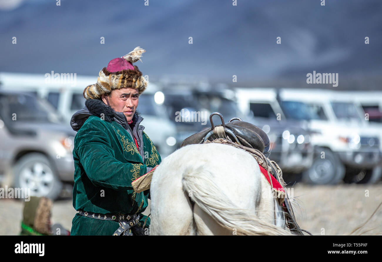 bayan Ulgii, Mongolia, 3rd October 2015: kazakh man in traditional ...