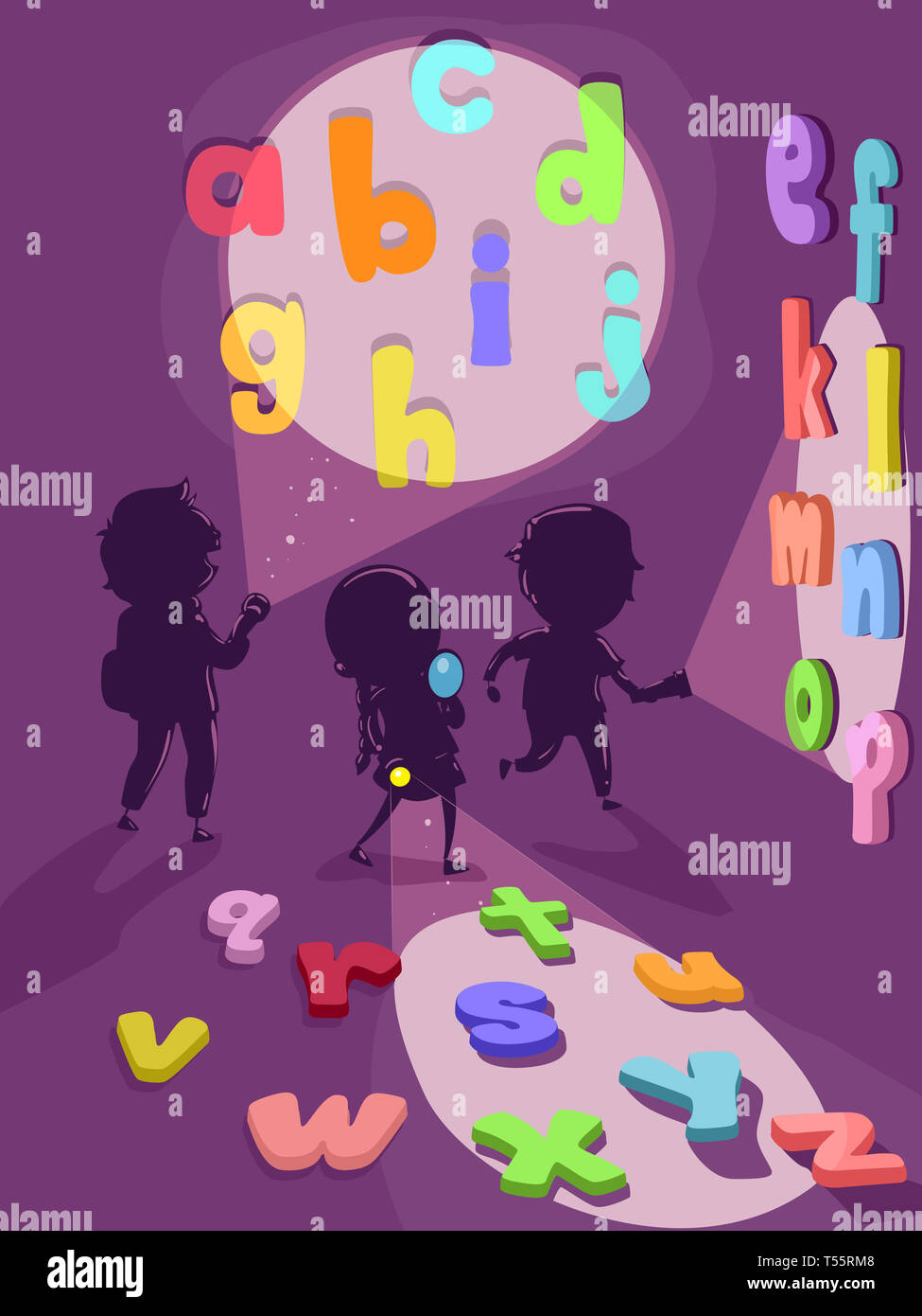 Illustration of Stickman Kids Silhouette Using Flashlight and Focusing ...