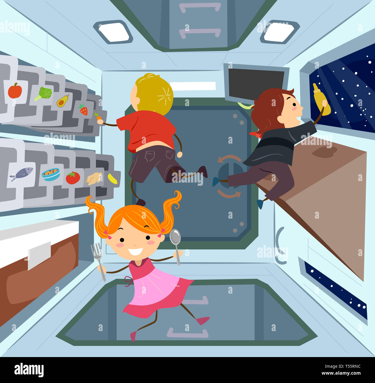 Illustration of Stickman Kids Floating Inside a Space Station Kitchen ...