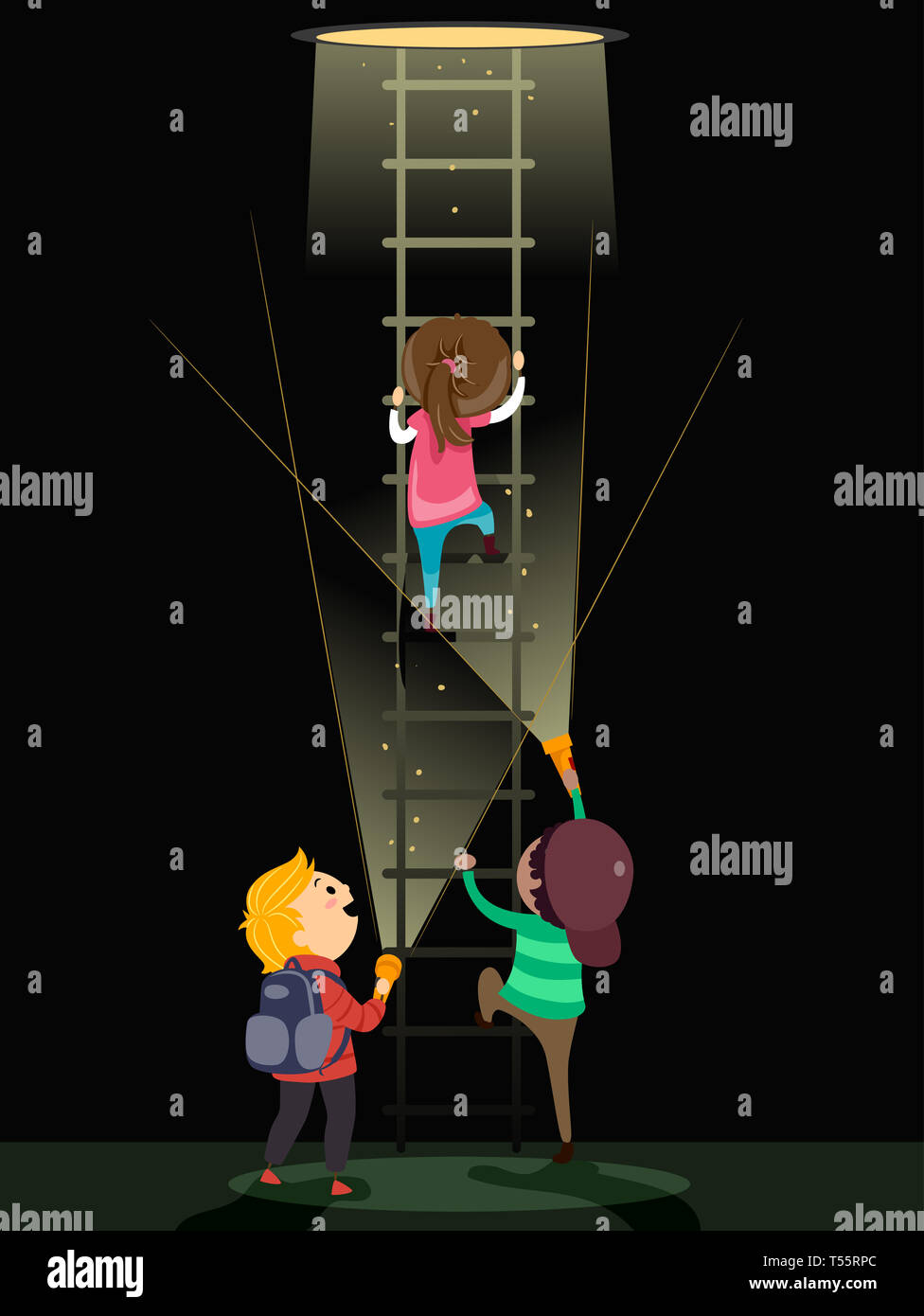 Illustration of Stickman Kids Going Up a Ladder and Holding Flash Light ...