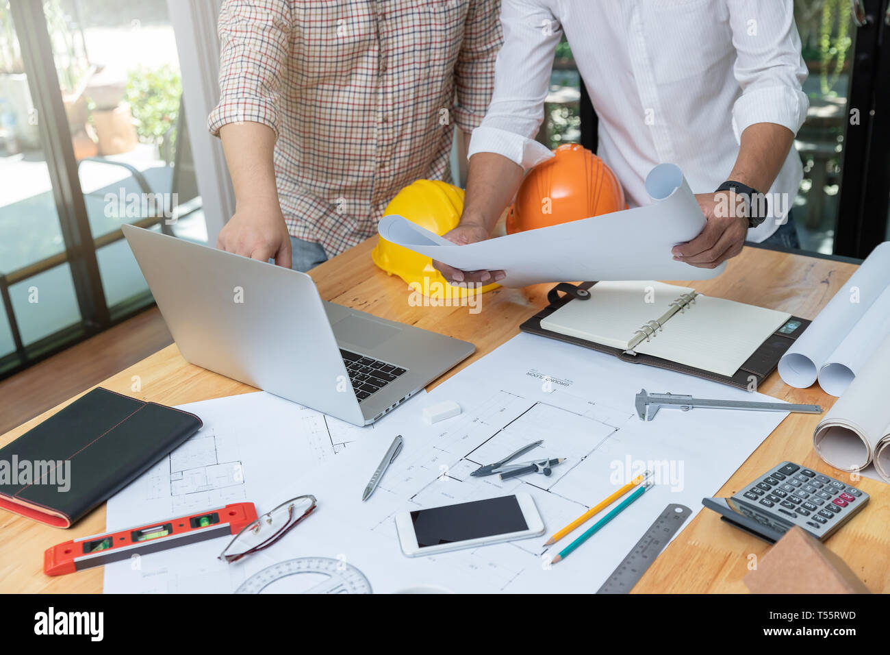 Engineer and Architect concept, Engineer Architects office team working ...