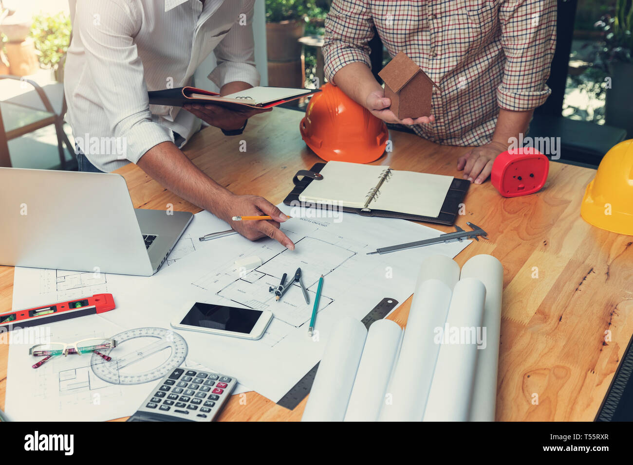 Engineer and Architect concept, Engineer Architects office team working ...