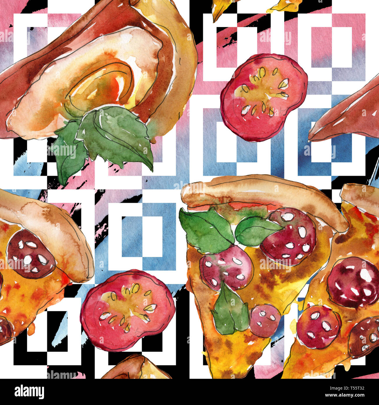 Fast food itallian pizza in a watercolor style isolated set ...