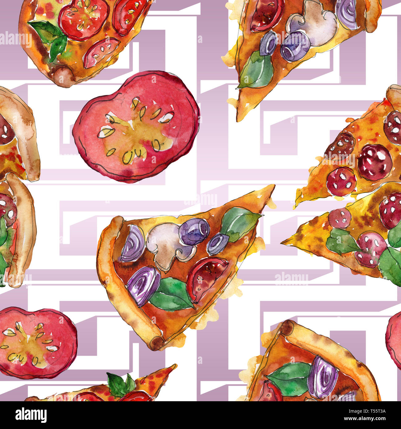Fast food itallian pizza in a watercolor style isolated set ...