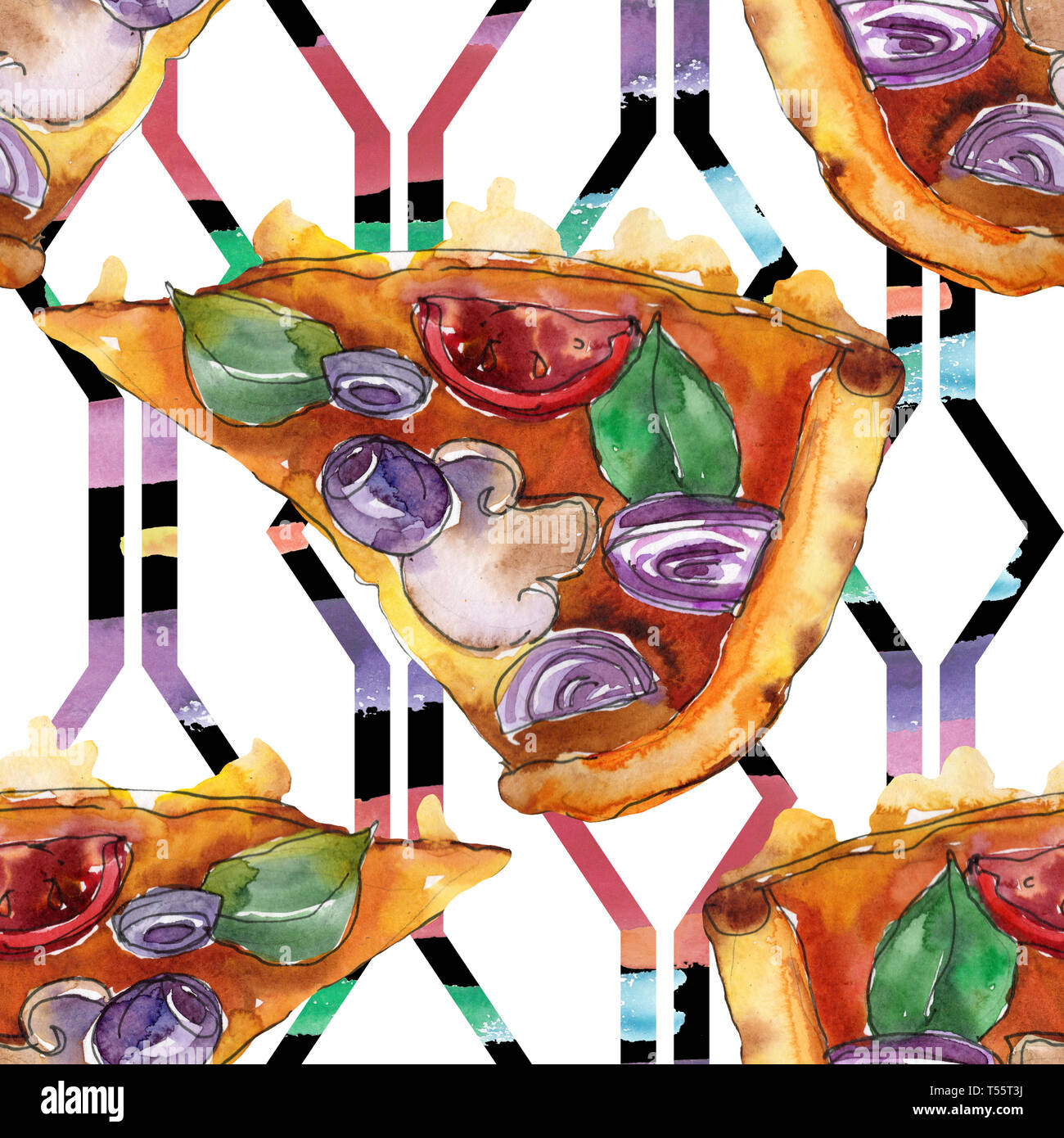 Fast food itallian pizza in a watercolor style isolated set ...