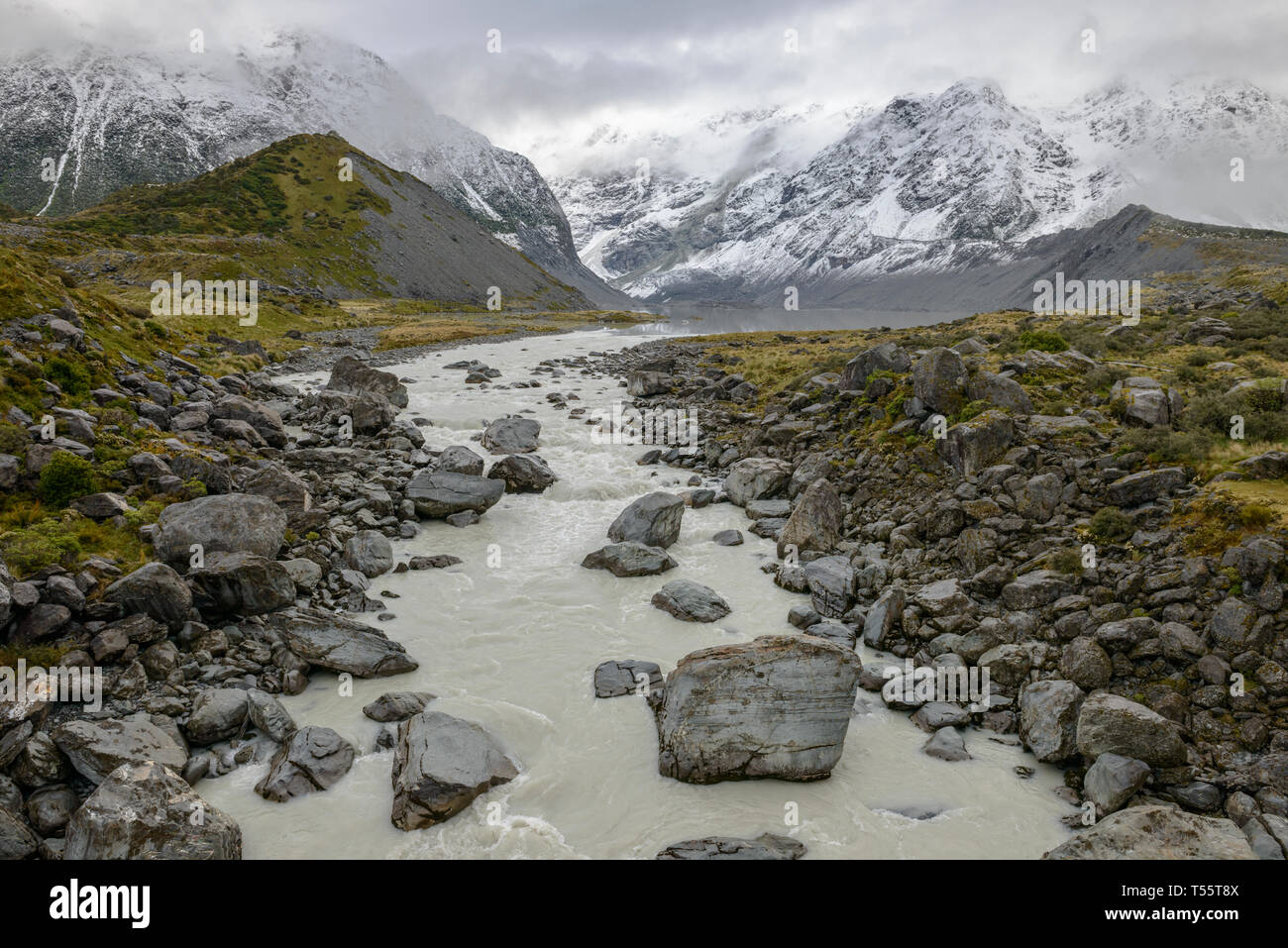 River through Hooker Valley in Mount Cook National Park, New Zealand ...