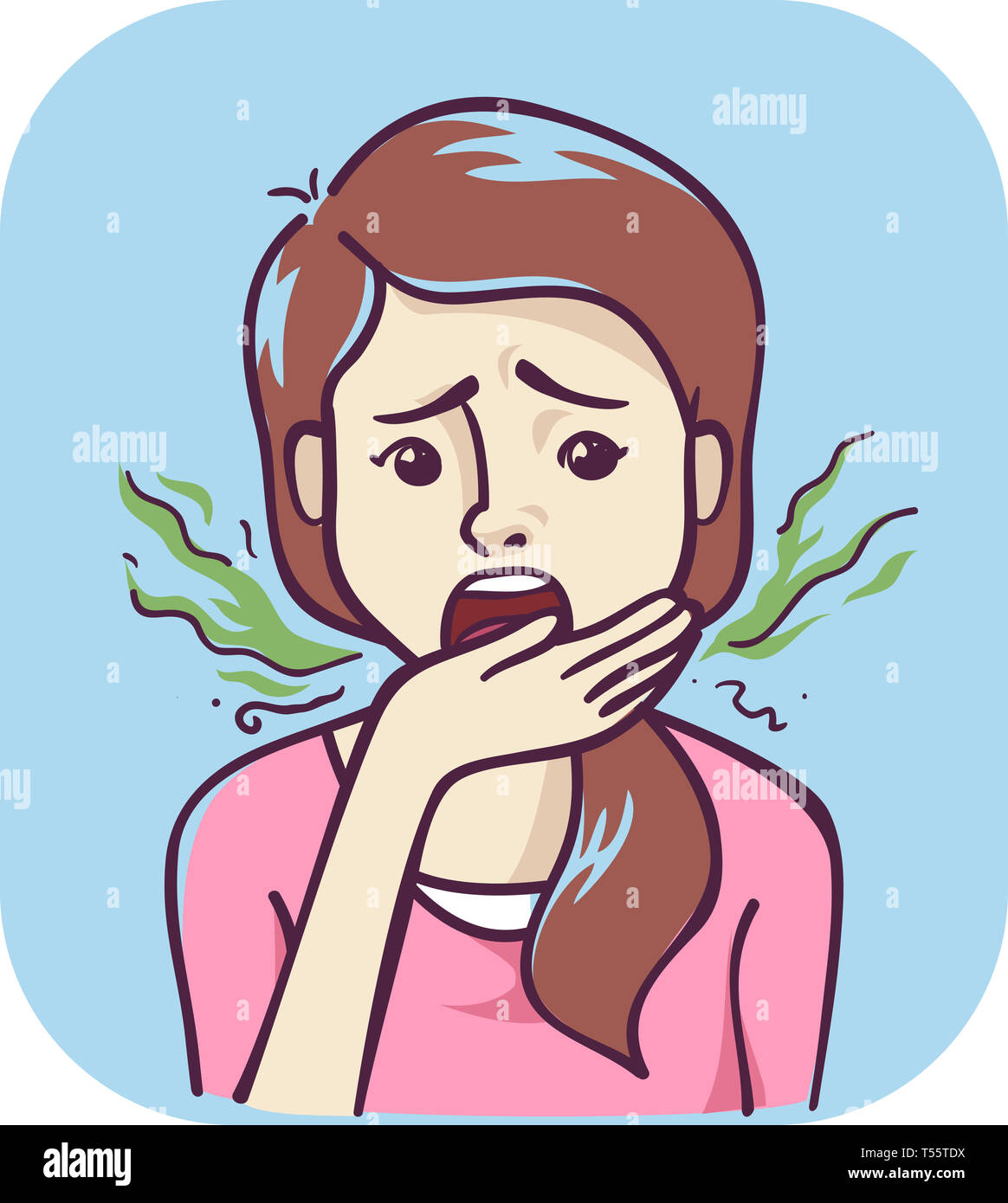 Illustration of a Teenage Girl Breathing to Her Hand to Check and Smell ...