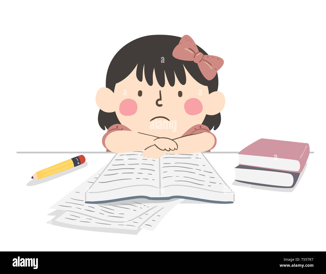 Illustration of a Sad Kid Girl In Front of an Open Book on the Table ...
