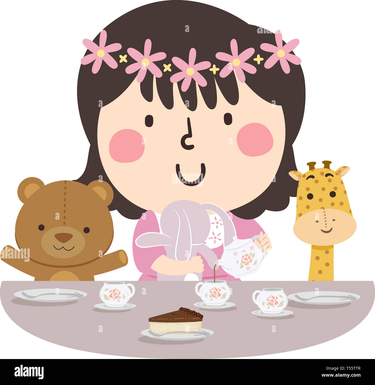 Illustration of a Kid Girl Playing Tea Time with Her Stuffed Toys with ...