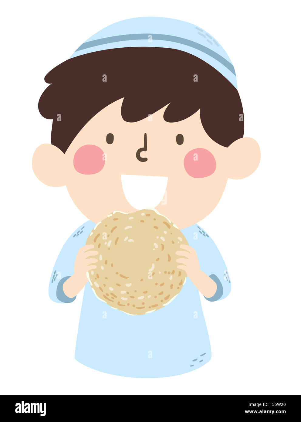 Illustration of a Jewish Kid Boy Eating a Matzah, a Round Flat Bread ...