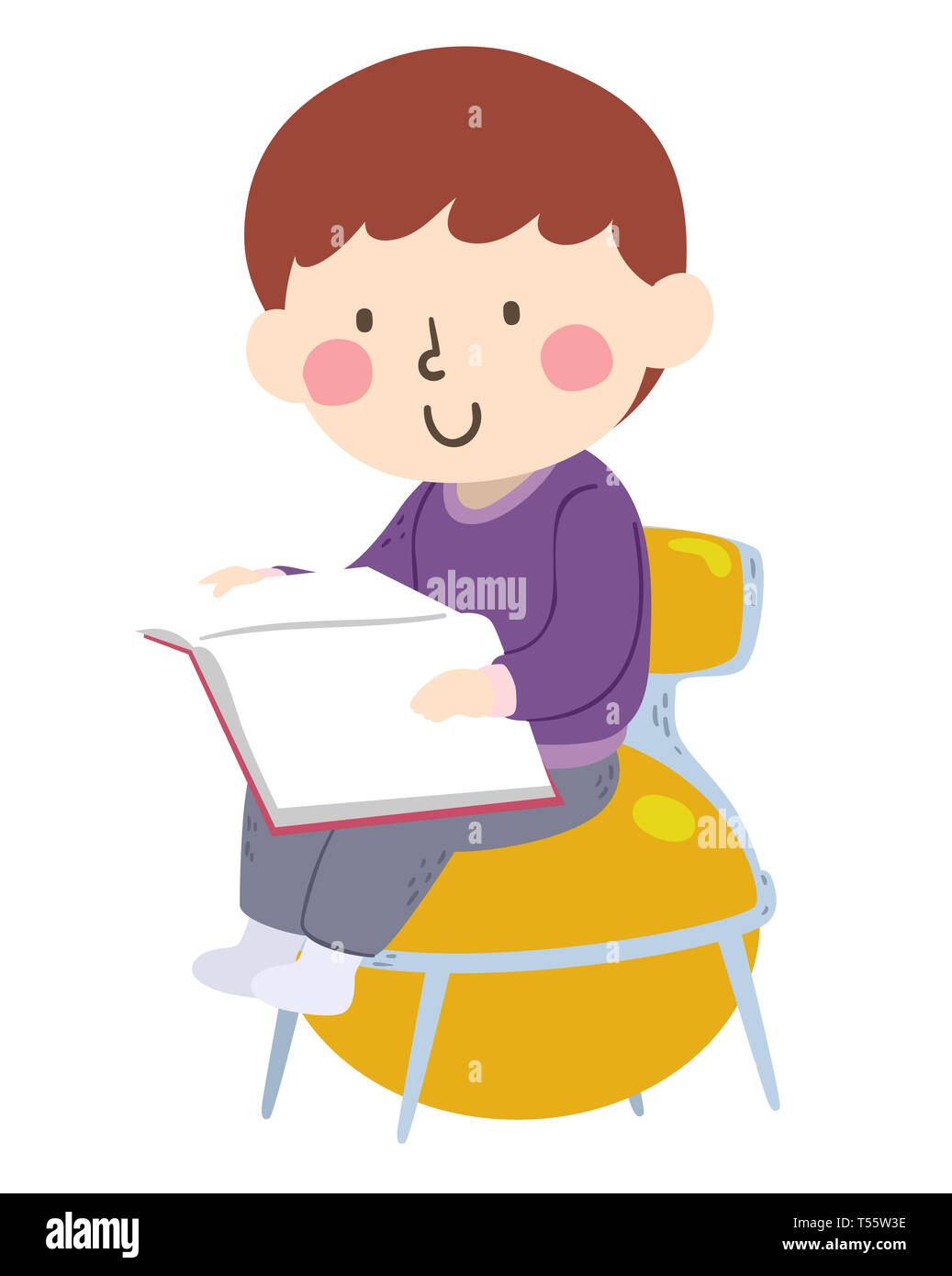 Illustration of a Kid Boy Sitting on a Balance Ball Chair and Reading a ...