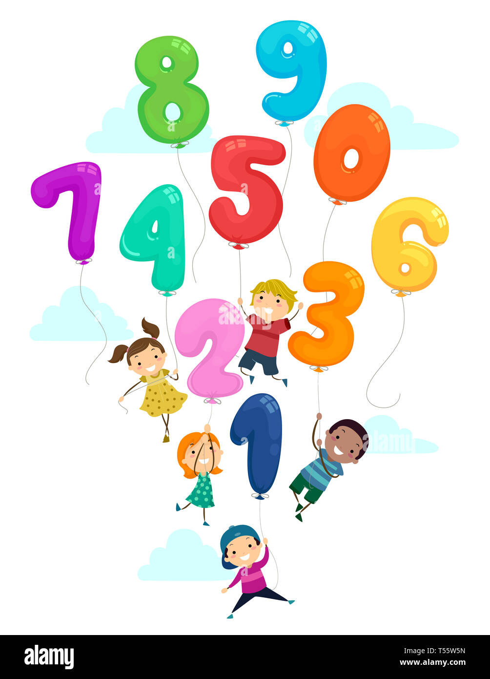 Illustration of Stickman Kids Flying the Skies Carried by Balloons ...