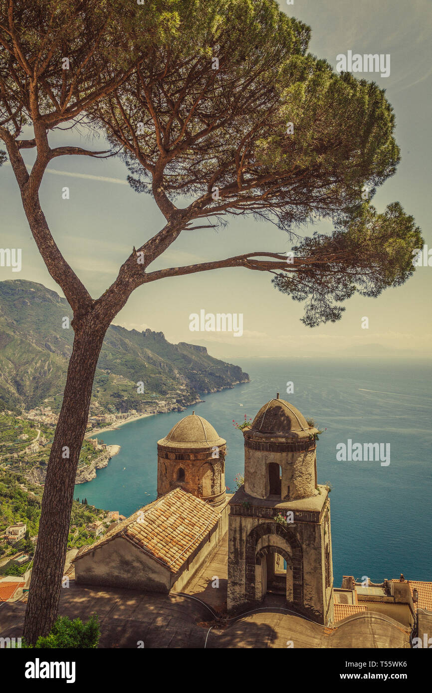 Tree over bell towers of Villa Rufolo in Ravello, Amalfi Coast, Italy ...