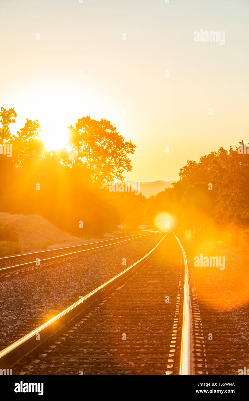 Railroad tracks bathed in sunlight during sunset Stock Photo - Alamy