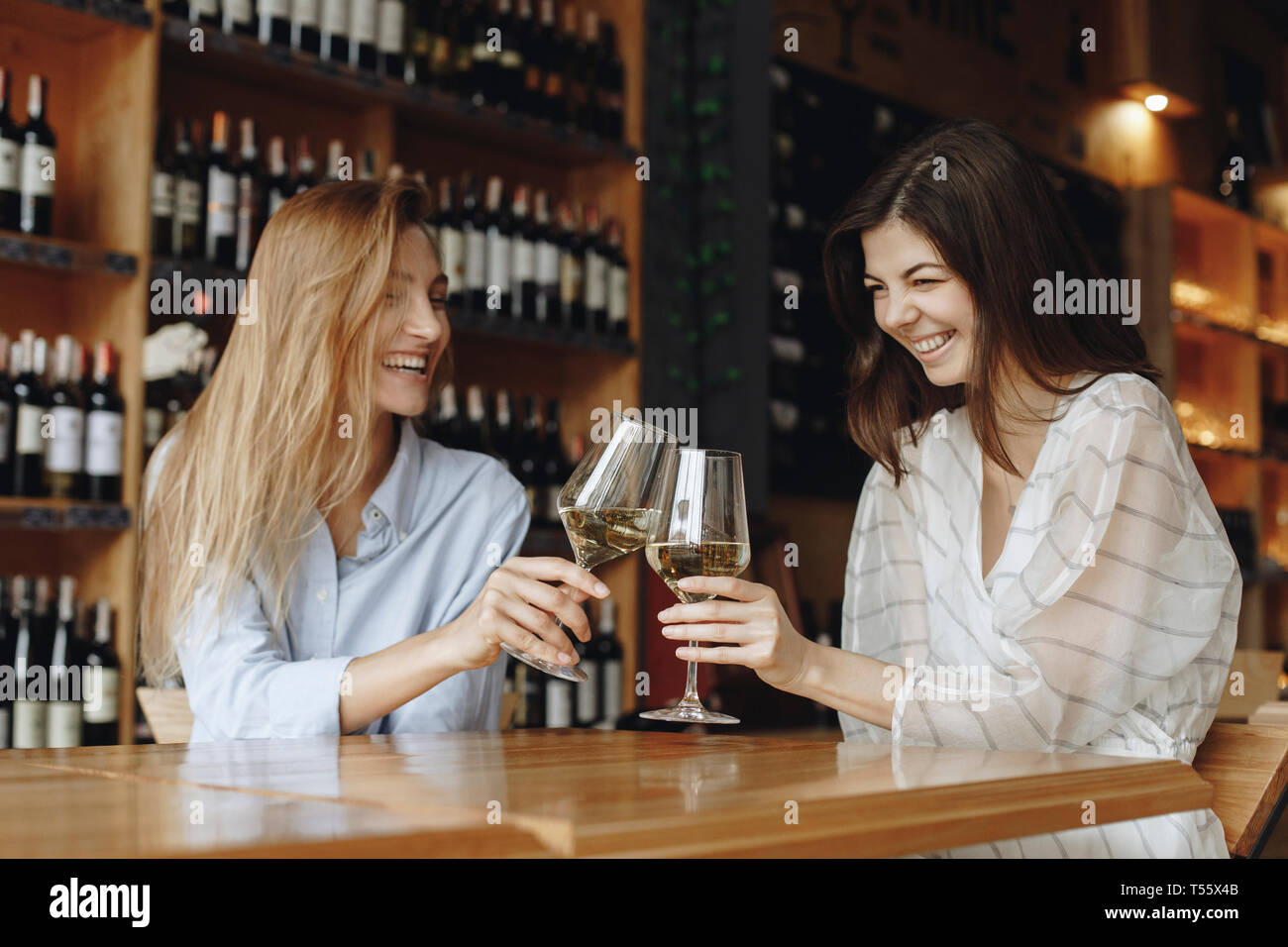 Two laughing women toasting hi-res stock photography and images - Alamy