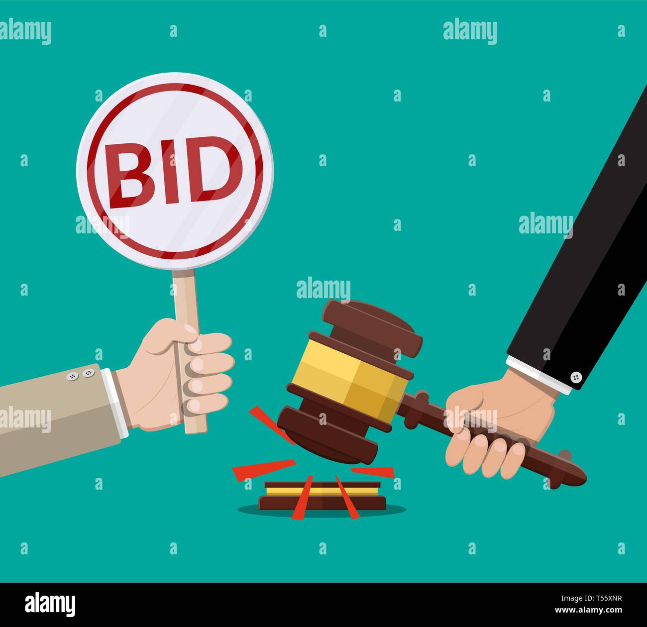 Hands holding auction paddle and hammer. Bid plate. Auction competition ...
