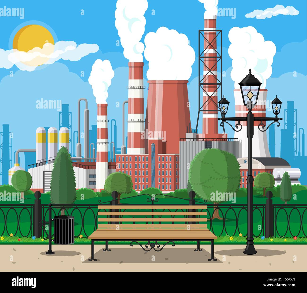 Factory building and city park. Industrial factory, power plant. Pipes ...