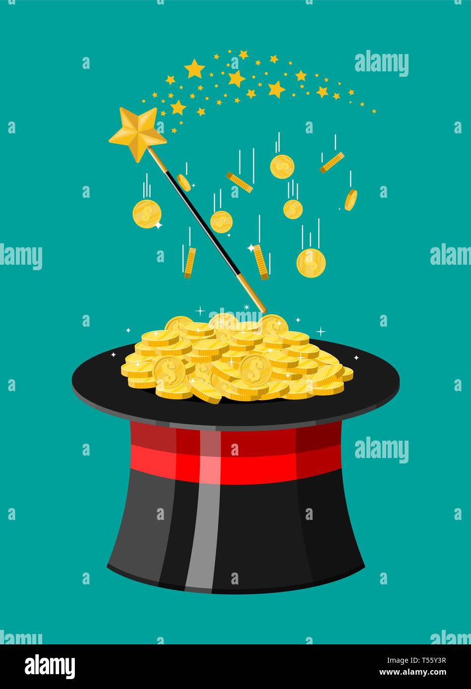 Magic hat, wand and gold coins. Illusionist cap full of money. Golden ...
