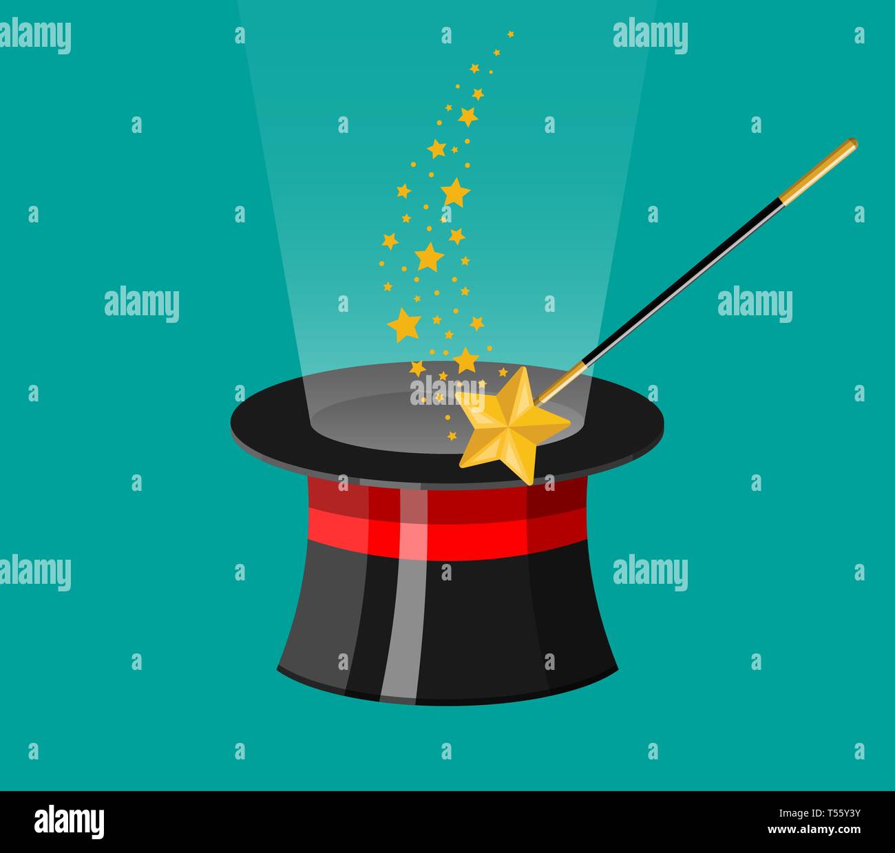 Magic hat with wand rod. Illusionist cylinder hat with magical stick ...