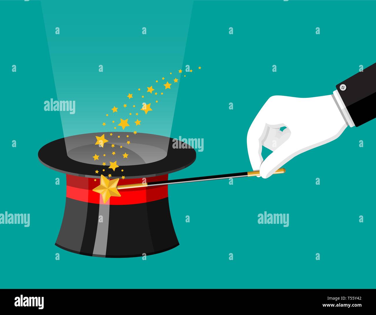 Magic hat with wand rod. Illusionist cylinder hat with magical stick ...