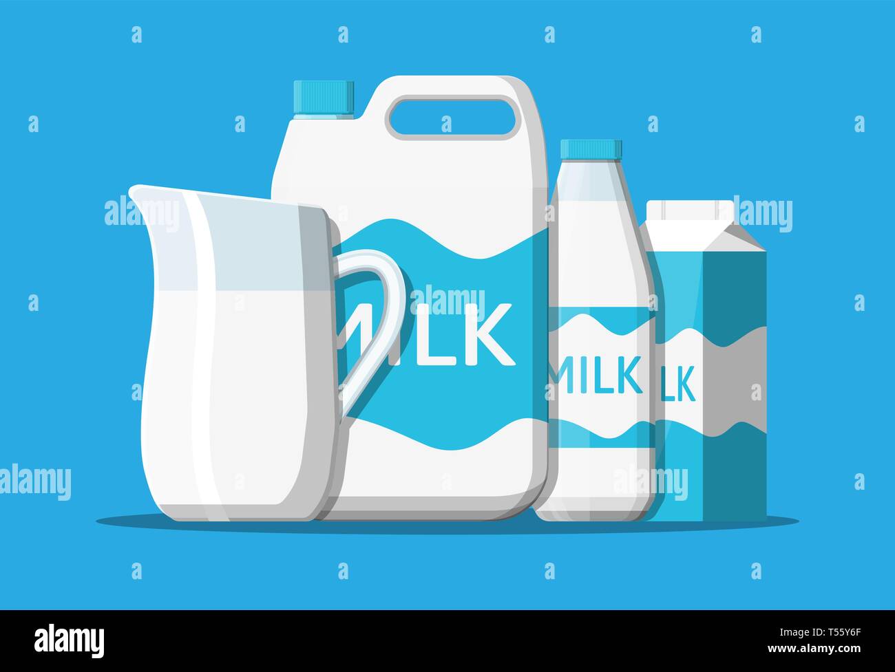 Milk set isolated on blue. Milk dairy drink. Glass bottle, paper packet ...