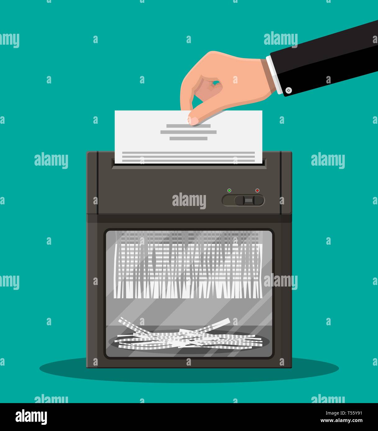 Shredder machine and hand with document paper. Office device for ...