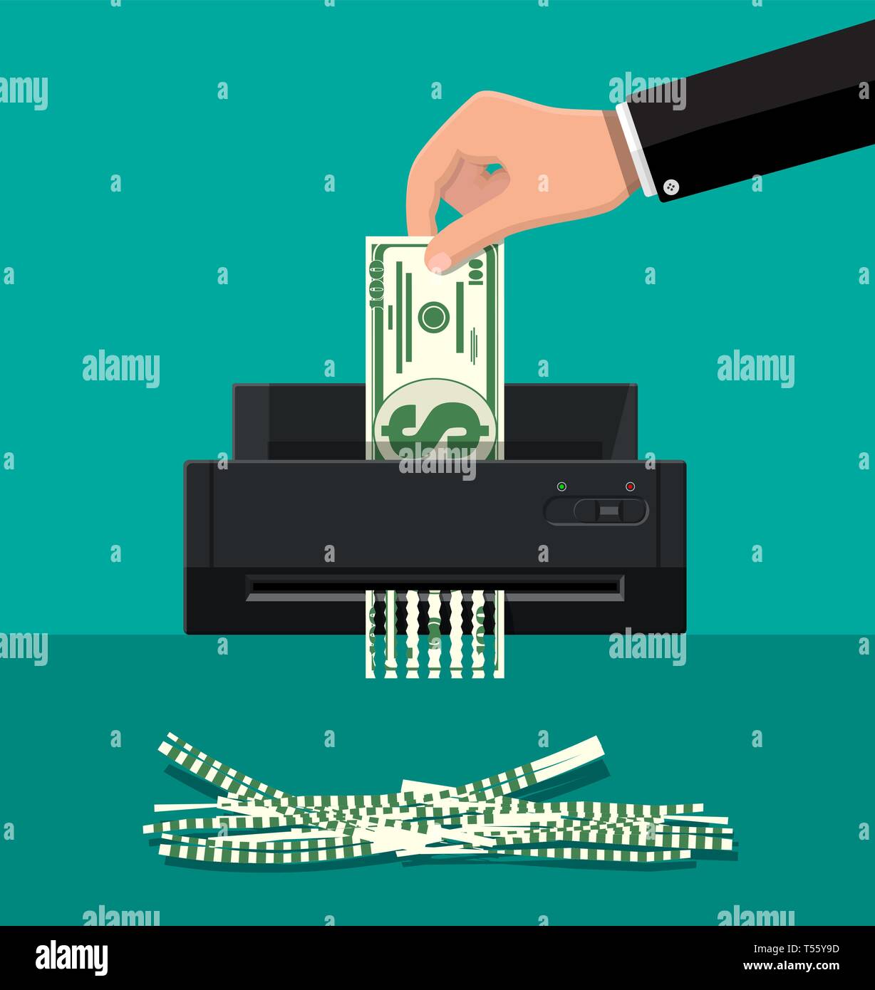 Hand putting dollar banknote in shredder machine. Destruction ...