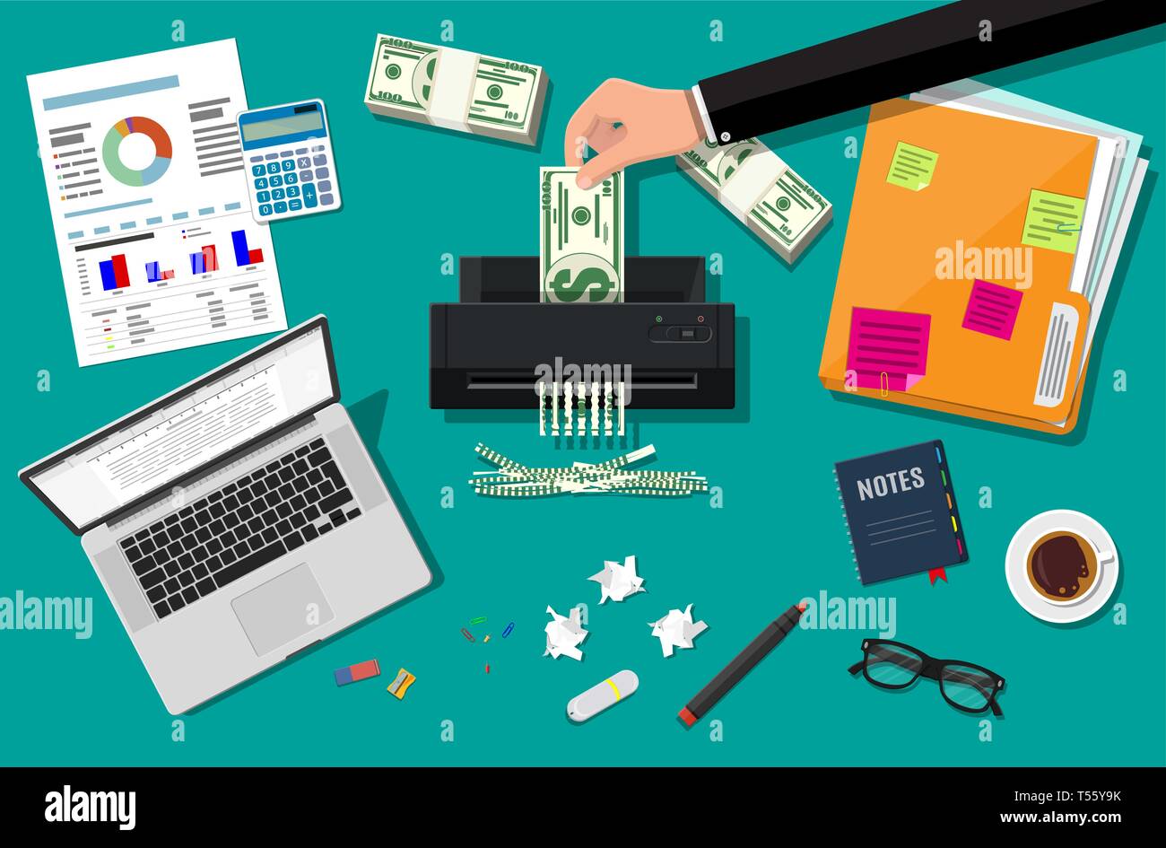 Hand putting dollar banknote in shredder machine. Destruction ...