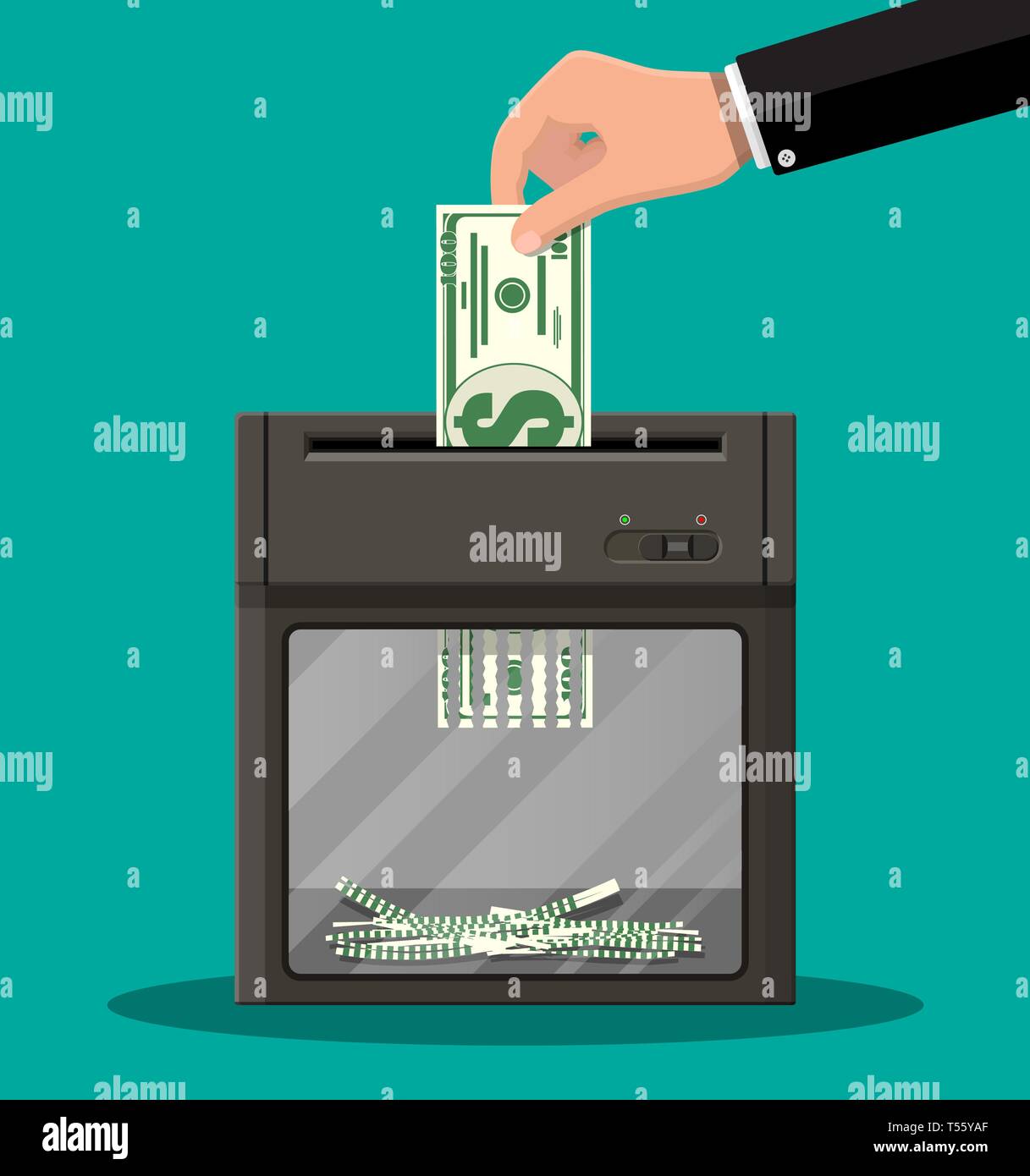 Hand putting dollar banknote in shredder machine. Destruction ...