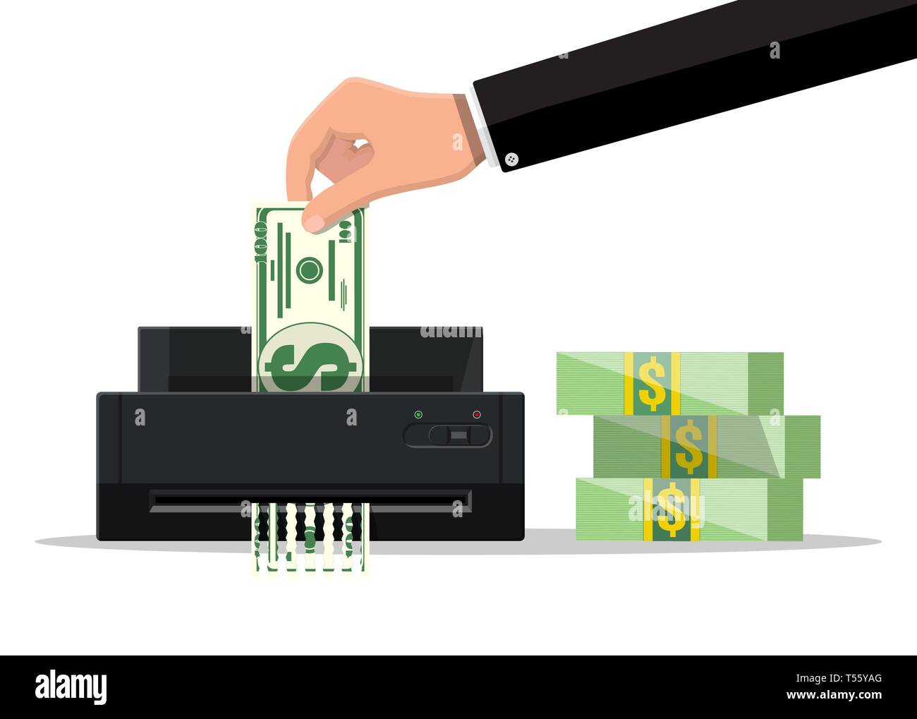 Hand putting dollar banknote in shredder machine. Destruction ...