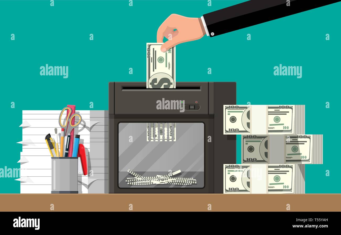 Hand putting dollar banknote in shredder machine. Destruction ...