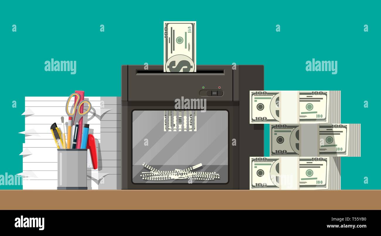 Dollar banknote in shredder machine. Destruction termination cutting ...