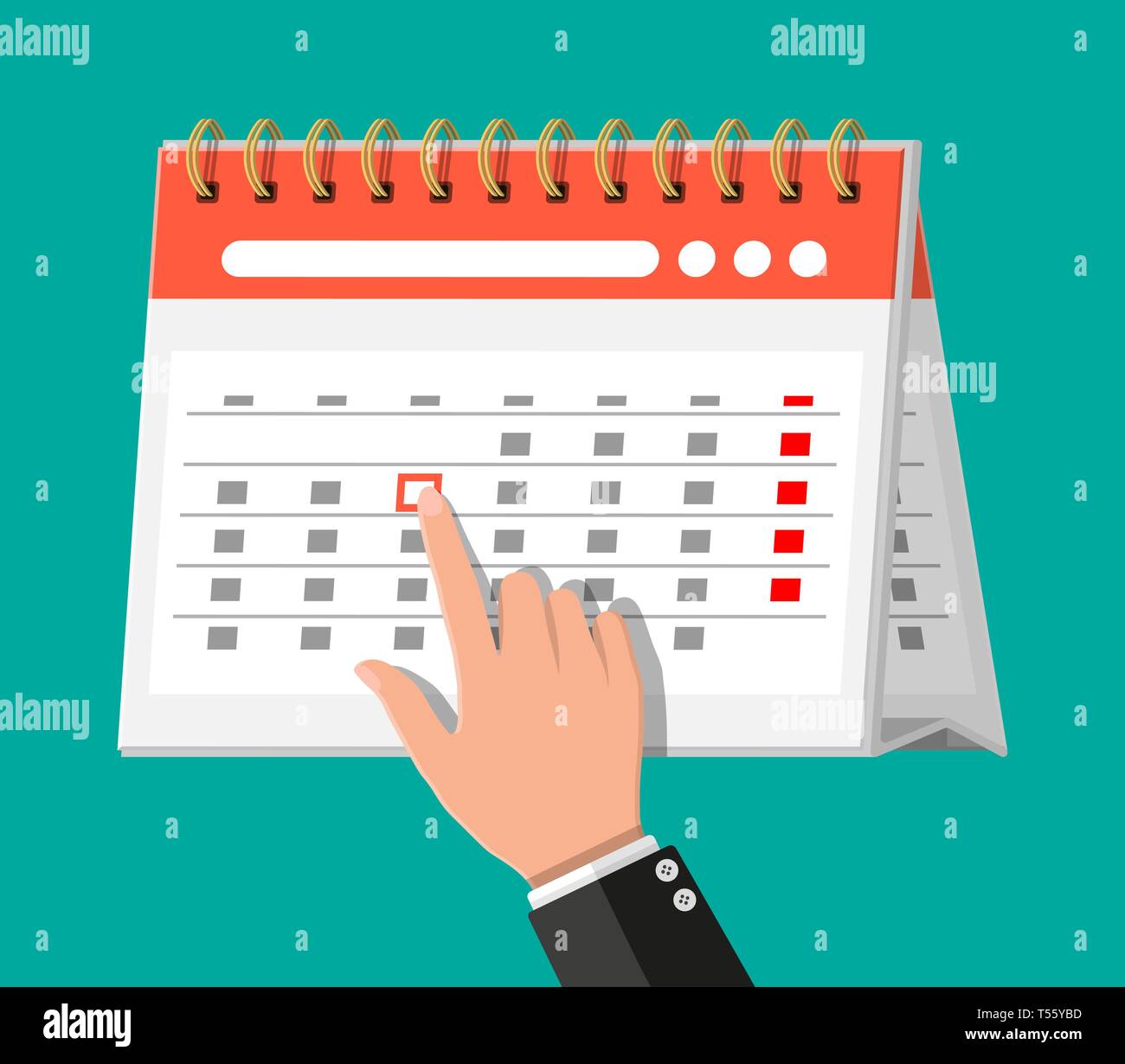 Paper spiral wall calendar and hand. Calendar flat icon. Schedule ...